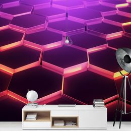 Bilderwelten Fototapete Vliestapete Neon Art 3D-Effekt violett - Hexagone mit Neonlicht in Rosa und Lila - Deko Jugendzimmer