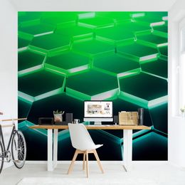 Bilderwelten Fototapete Vliestapete Neon Art 3D-Effekt gr&uuml;n - Hexagone mit Neonlicht in Gr&uuml;n und T&uuml;rkis - Deko Jugendzimmer