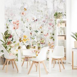 Bilderwelten Fototapete Blumen modern Steinoptik bunt - Aquarell Bl&uuml;ten auf wei&szlig;er Shabby Betonwand - Beton Wohnzimmer Schlafzimmer