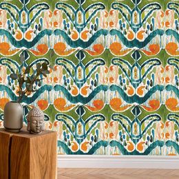Bilderwelten Fototapete originell Orientalisch Wandtapete gr&uuml;n - Ikat Muster Bali orange und gr&uuml;n - Deko Wohnzimmer Schlafzimmer