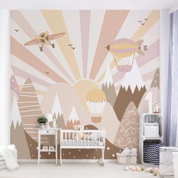 Bilderwelten Fototapete Luftfahrt &uuml;ber den Bergen Rosa Beige Flugzeug Ballon - M&auml;dchenzimmer Babyzimmer M&auml;dchen Baby Vliestapete inkl. Kleister oder selbstklebend