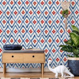Bilderwelten Fototapete originell Orientalisch Wandtapete blau - Ikat Muster Mexiko rot und blau - Deko Wohnzimmer Schlafzimmer