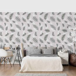 Bilderwelten Fototapete Vliestapete Tropisch Wandtapete beige - Illustrierte Bl&auml;tter Muster Gr&uuml;n Beige - Pflanzen Wohnzimmer Schlafzimmer