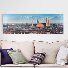 Leinwandbild M&uuml;nchen - Wandbild bis XXL Print Skyline Stadt Wohnzimmer Schlafzimmer Bad Badezimmer K&uuml;che Flur Esszimmer Blau