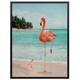 Bilderwelten Leinwandbild - Hochformat Strand mit Flamingo