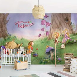 Bilderwelten Fototapete Vliestapete Illustration Aquarell violett - Erdbeerinchen Erdbeerfee - Im Wald - Deko Kinderzimmer Baby M&auml;dchen Jungen