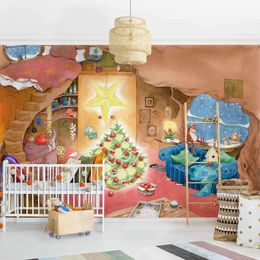 Bilderwelten Fototapete Wald Illustration Aquarell einzigartig - Wassili Waschb&auml;r - Endlich ist Weihnachten - B&auml;ume Kinderzimmer Baby M&auml;dchen Jungen