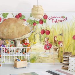 Bilderwelten Fototapete Vliestapete Illustration Aquarell rot - Erdbeerinchen Erdbeerfee - Unter dem Himbeerstrauch - Deko Kinderzimmer Baby M&auml;dchen Jungen