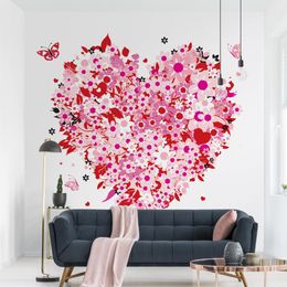 Bilderwelten Tapete - Fototapete Blumen - Blumenmeer Herz Blumentapete Floral Retro Heart - Blumentapete Wandtapete Schlafzimmer Wohnzimmer