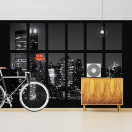 Bilderwelten Tapete - Fototapete Skyline - Fenster New York Nacht Skyline - Wandtapete Schlafzimmer Wohnzimmer - inkl. Kleister oder selbstklebend