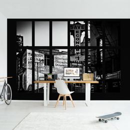 Bilderwelten Fototapete Stadt modern 3D-Effekt einzigartig - Fensterblick Amerikanische Geb&auml;udefassade schwarz-weiss - Skylines Wohnzimmer Schlafzimmer