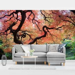 Fototapete Japanischer Garten - Vliestapete nach Ma&szlig; Wald B&auml;ume Natur Wohnzimmer Schlafzimmer Bad Badezimmer K&uuml;che Flur Esszimmer Rot