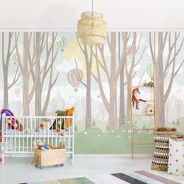 Bilderwelten Tapete - Fototapete Kindertapete Wald - Sonne B&auml;ume Hei&szlig;luftballons - Jungen M&auml;dchen Kinderzimmer Babyzimmer auch selbstklebend nach Ma&szlig;
