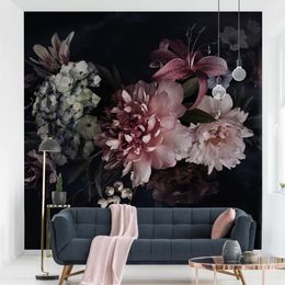 Fototapete Blumen mit Nebel auf Schwarz - Vliestapete nach Ma&szlig; Blumen Floral Kunstdruck Vintage Wohnzimmer Schlafzimmer Bad Badezimmer K&uuml;che Flur