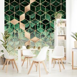 Bilderwelten Fototapete - Tapete Gr&uuml;ne Bl&auml;tter goldene Geometrie Schwarz Dunkel - Wandtapete Schlafzimmer Wohnzimmer K&uuml;che modern auch selbstklebend