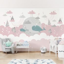 Bilderwelten Fototapete Wolken mit Wal und Schloss Rosa
