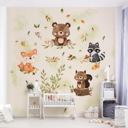 Bilderwelten Fototapete Wald Illustration Aquarell bunt - Waldtiere Herbst Fuchs B&auml;r Eichh&ouml;rnchen Waschb&auml;r - B&auml;ume Kinderzimmer Baby M&auml;dchen Jungen