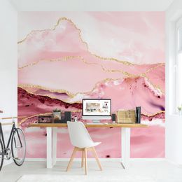 Bilderwelten Fototapete Abstrakte Berge Rosa mit Goldenen Linien sebstklebende Tapeten & Vliestapeten inkl. Kleister Schlafzimmer,Wohnzimmer