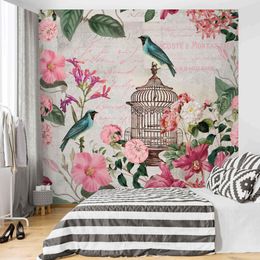 Bilderwelten Fototapete Shabby Chic Collage - Rosa Bl&uuml;ten und blaue V&ouml;gel sebstklebende Tapeten & Vliestapeten inkl. Kleister Schlafzimmer,Wohnzimmer