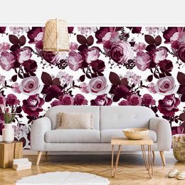 Bilderwelten Fototapete Blumen Landhaus Wandtapete rot - Bordeaux Rosen mit braunen Bl&auml;ttern - Rose Wohnzimmer Schlafzimmer