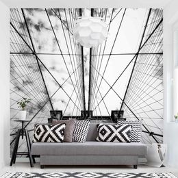 Bilderwelten Fototapete Stadt Motiv Wandtapete schwarz weiss - Brooklyn Bridge in Perspektive - Architektur Wohnzimmer Schlafzimmer