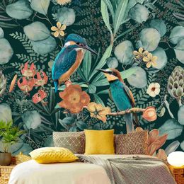 Bilderwelten Fototapete Blumenparadies Eisvogel und Kolibri Vogel Tiere Botanik gr&uuml;n Dschungel selbstklebende Tapete Wandtapeten Wohnzimmer Vliestapete