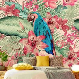 Bilderwelten Fototapete Blumenparadies tropischer Papagei V&ouml;gel Bumen Bl&uuml;ten rosa selbstklebende Tapete Wandtapeten Wohnzimmer Vliestapete