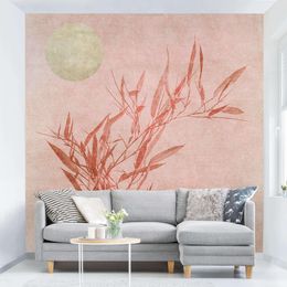 Bilderwelten Fototapete Goldene Sonne mit Rosa Bambus selbstklebende Tapete Bambusbl&auml;tter Wandtapeten Wohnzimmer Schlafzimmer Vliestapete