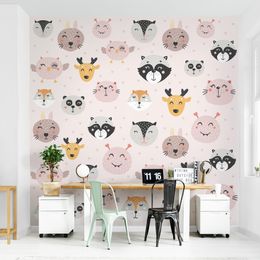 Bilderwelten Mustertapete Tiere Illustration Wandtapete pastell - Skandinavische freundliche Tiergesichter - Deko Kinderzimmer Baby M&auml;dchen Jungen