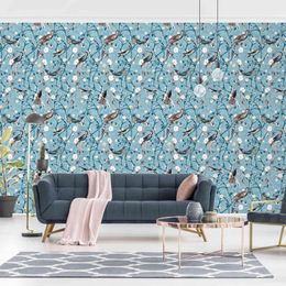 Bilderwelten Mustertapete Tiere Landhaus Wandtapete blau - Blaue Blumenranken mit V&ouml;geln - V&ouml;gel Wohnzimmer Schlafzimmer