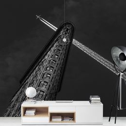 Bilderwelten Fototapete Stadt Motiv Wandtapete schwarz weiss - New York Flat Iron mit Flugzeug - Architektur Wohnzimmer Schlafzimmer