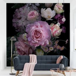 Bilderwelten Blumentapete Fototapete Rosen selbstklebende Tapete Bl&uuml;ten Blumen schwarz Wandtapeten Schlafzimmer, Wohnzimmer Flur Vliestapete 3D Pfingstrosen K&uuml;che
