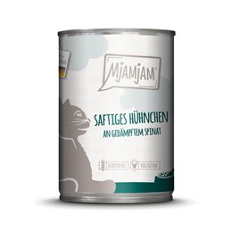 MjAMjAM Saftiges H&uuml;hnchen an ged&auml;mpftem Spinat Katzen-Nassfutter getreidefrei 6x400g