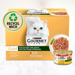 Gourmet GOLD Saftig-feine Streifen Sorten-Mix Katzen-Nassfutter mit Lachs, Rind, Huhn und Hochseefisch 96x85g