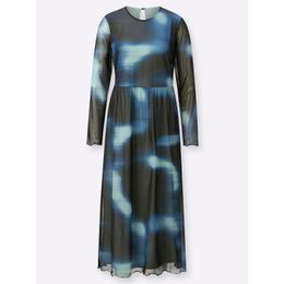 WITT Damen A-Linien-Kleid mit transparenten &Auml;rmeln, marine-kalkmint-bedruckt, Gr&ouml;&szlig;e 38