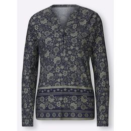 Heine Witt Damen Print-Shirt mit Knopfleiste, khaki-marine-bedruckt, Gr&ouml;&szlig;e 36