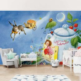 Bilderwelten Fototapete Vliestapete Illustration Aquarell blau - Erdbeerinchen Erdbeerfee - Traumeselchen Casimir - Deko Kinderzimmer Baby M&auml;dchen Jungen