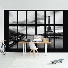 Bilderwelten Tapete - Fototapete Skyline - Fenster Eiffelturm Seine Paris - Schlafzimmer Wohnzimmer modern - auch selbstklebend