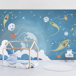 Bilderwelten Fototapete Himmel Illustration Wandtapete blau - No.MW16 Buntes Weltraumtreiben - Himmel Kinderzimmer Baby M&auml;dchen Jungen
