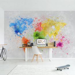 Bilderwelten Tapete - Fototapete Bunte Farbspritzer Weltkarte - Wandtapete Schlafzimmer Wohnzimmer modern - auch kleisterfrei