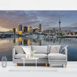 Bilderwelten Tapete - Fototapete Auckland Skyline Sonnenuntergang - Wandtapete Schlafzimmer Wohnzimmer modern - auch kleisterfrei