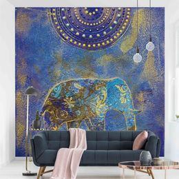 Bilderwelten Tapete - Fototapete Goldoptik auf Royal Blau - Elephant in Marrakech - Elefant - Schlafzimmer Wohnzimmer - auch selbstklebend