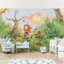 Bilderwelten Tapete Kinderzimmer - Kindertapete M&auml;dchen - Frida sammelt Kr&auml;uter - Fototapete Illustration Hexe - M&auml;dchenzimmer auch selbstklebend
