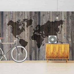 Bilderwelten Fototapete Weltkarte modern Holzoptik einzigartig - Holz Weltkarte - Karten Wohnzimmer Schlafzimmer