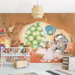 Bilderwelten Fototapete Wald Illustration Aquarell einzigartig - Wassili Waschb&auml;r - Das allersch&ouml;nste Weihnachtsgeschenk - B&auml;ume Kinderzimmer Baby M&auml;dchen Jungen