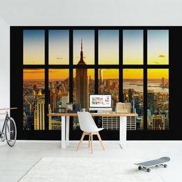 Bilderwelten Tapete - Fototapete New York - Fensterblick Manhattan Skyline Sonnenuntergang - New York Skyline - Schlafzimmer Wohnzimmer Skyline