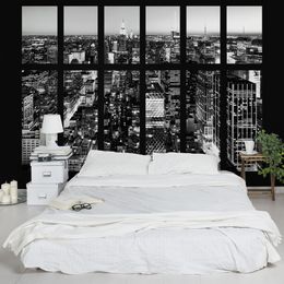 Bilderwelten Tapete - Fototapete New York - Fensterblick Manhattan Skyline schwarz-weiss - New York Skyline - Schlafzimmer Wohnzimmer Skyline