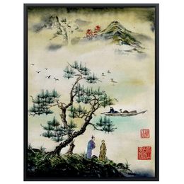 Bilderwelten Leinwandbild Japanische Aquarell Zeichnung Kiefer und Bergdorf