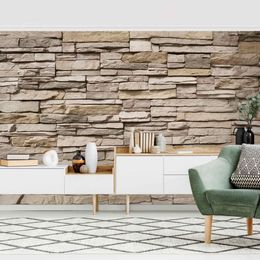 Bilderwelten Fototapete Vliestapete Landhaus 3D-Effekt braun - Asian Stonewall - Steinmauer aus gro&szlig;en hellen Steinen - Beton Wohnzimmer Schlafzimmer