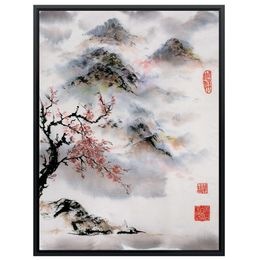 Bilderwelten Leinwandbild Japanische Aquarell Zeichnung Kirschbaum und Berge